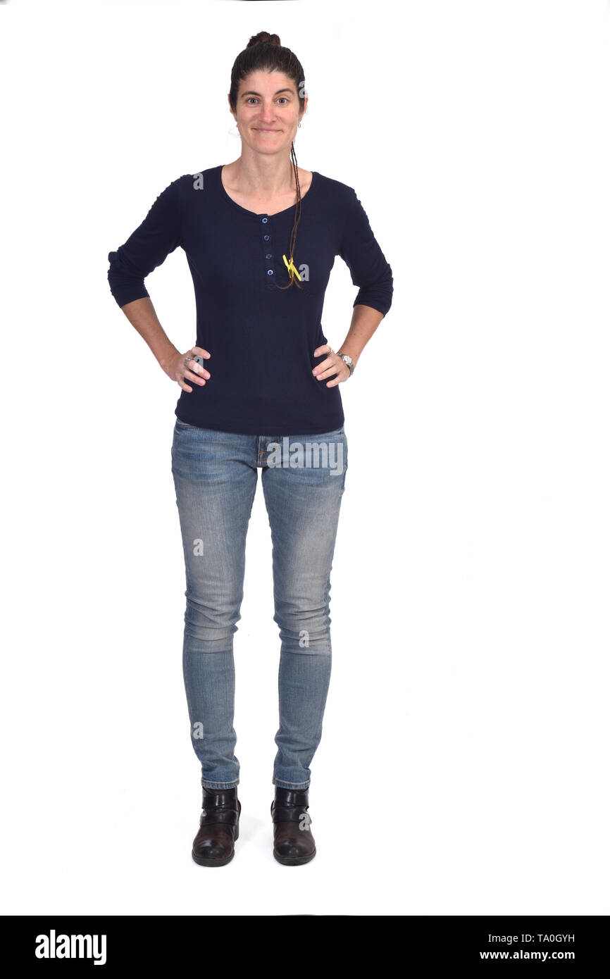 full portrait of a woman hands on hips on white background Stock Photo ...
