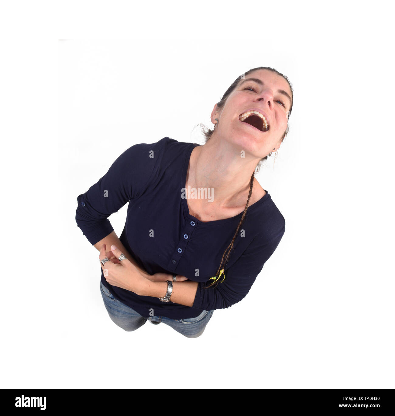 top view of woman screaming on white background Stock Photo - Alamy