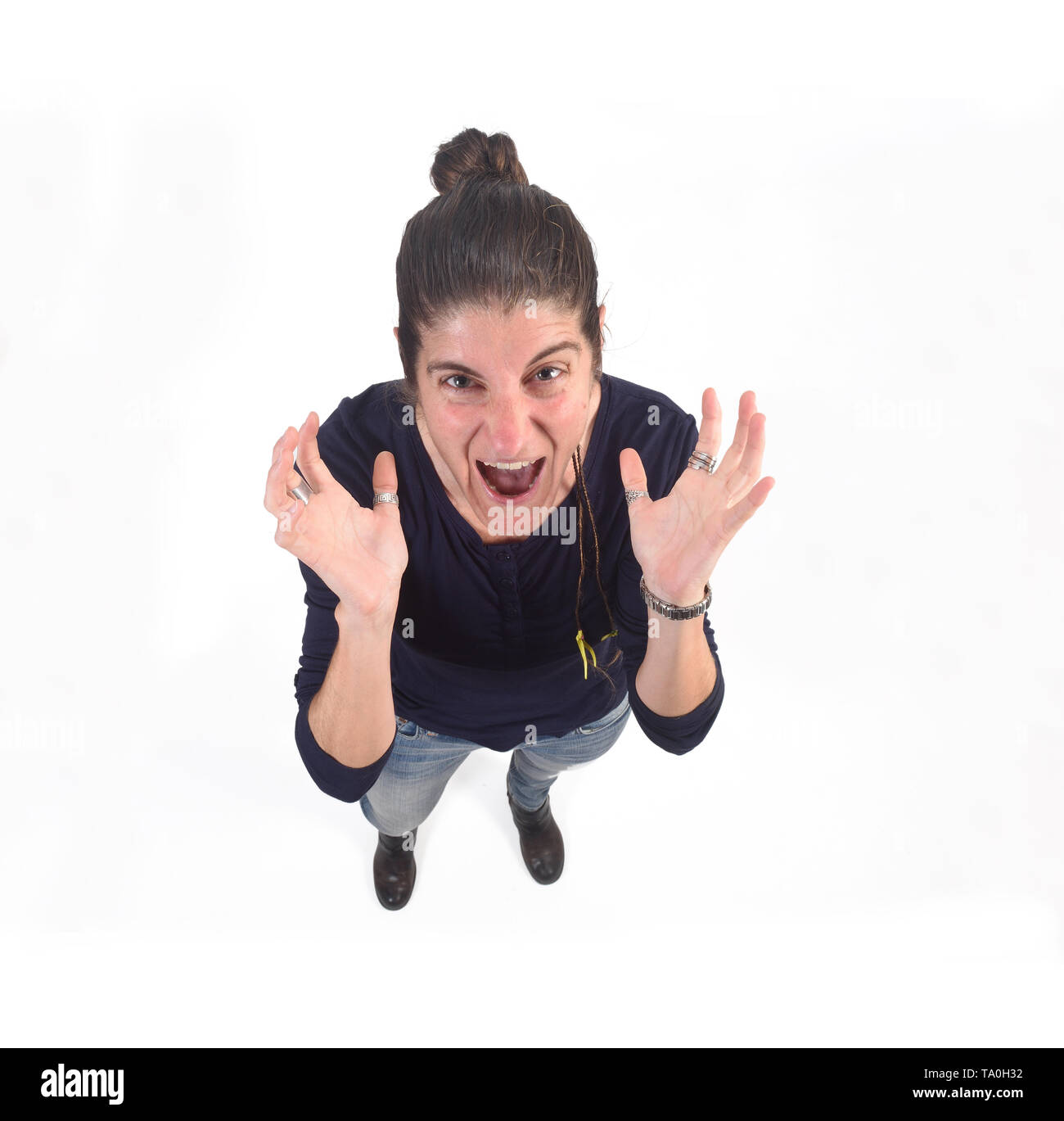 hysterical woman screaming on white Stock Photo - Alamy