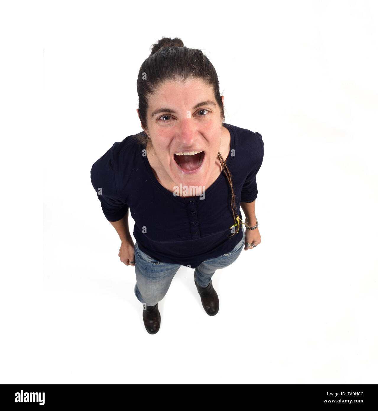 woman screaming on white background Stock Photo - Alamy