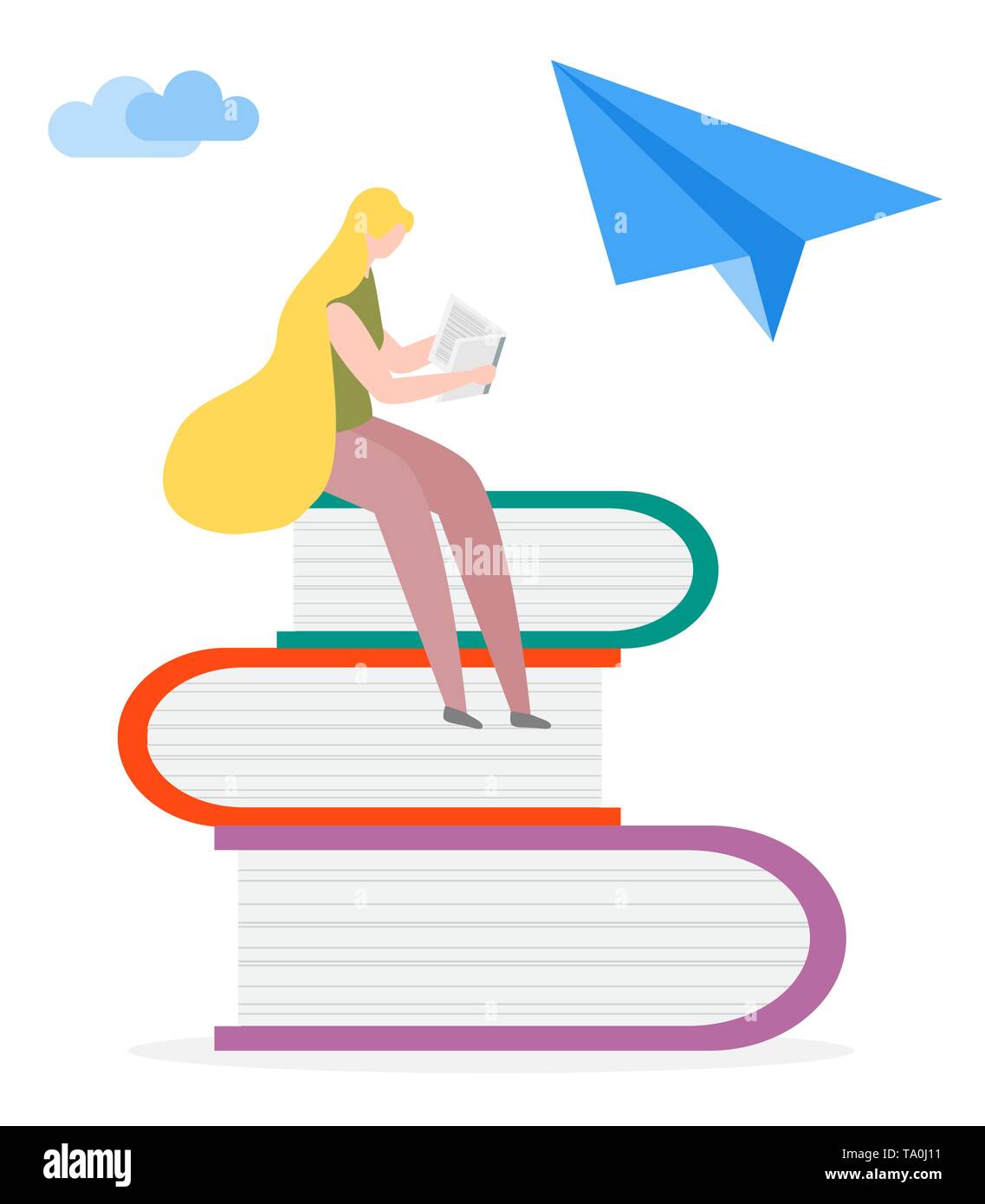 Vector illustration with woman and books. Young female reader, stack of ...