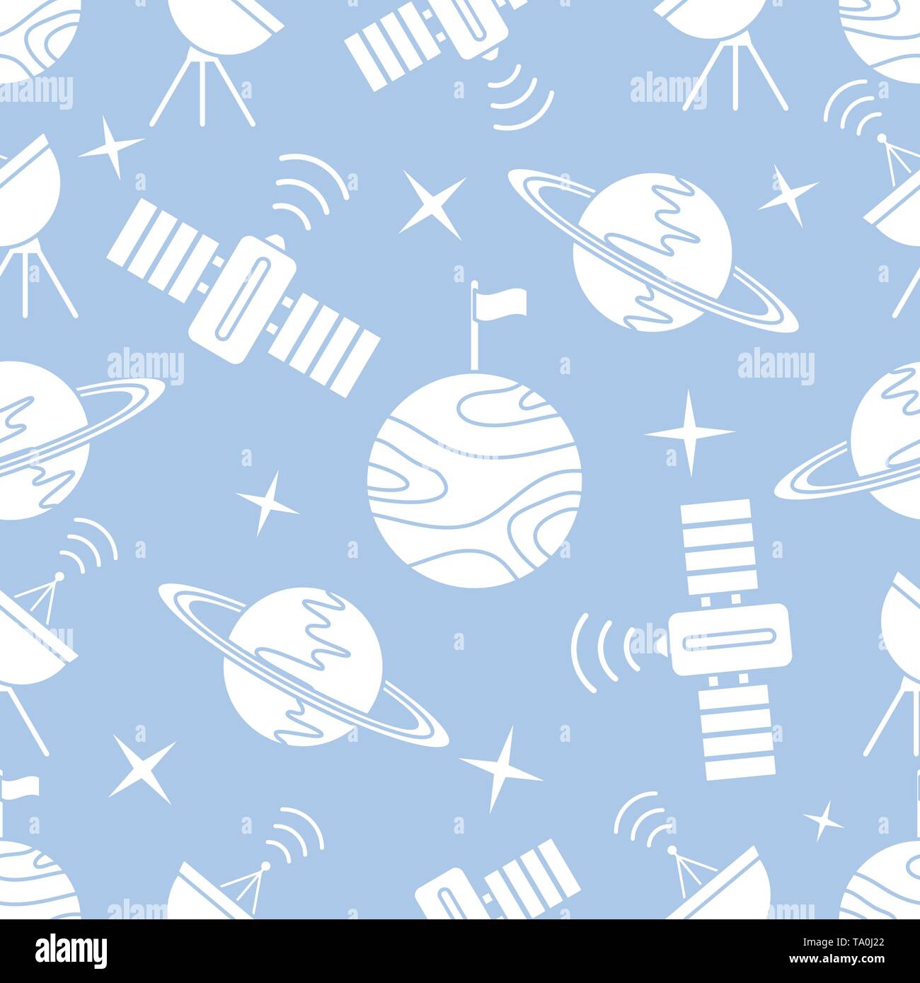 Seamless vector pattern with planets, Saturn, stars, orbital station ...