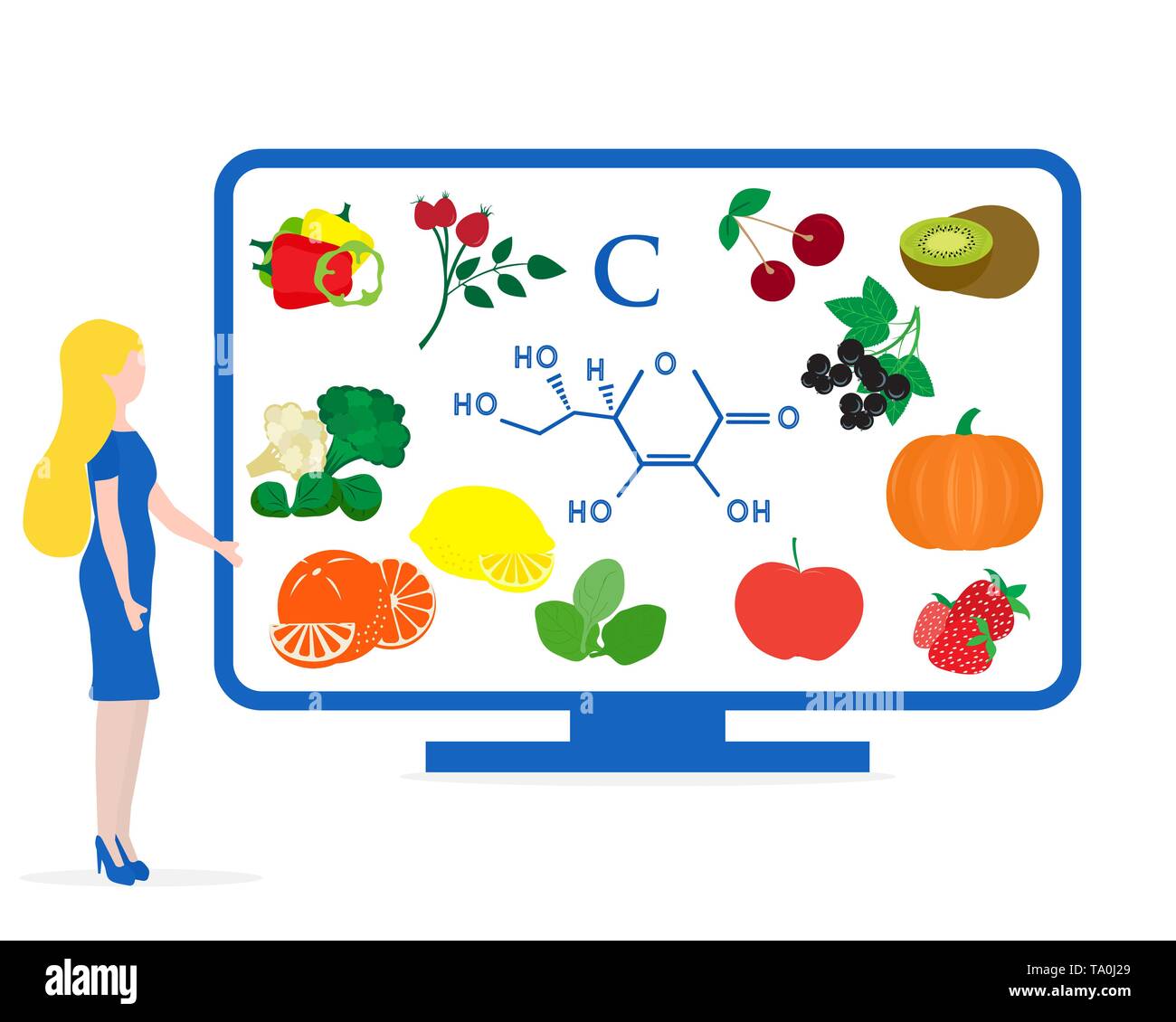 Vector illustration with woman and display showing healthy foods rich ...