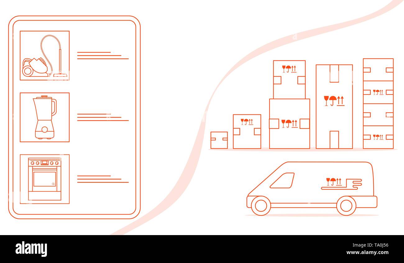 Vector illustration with order goods online. Warehouse, delivery. Cargo ...