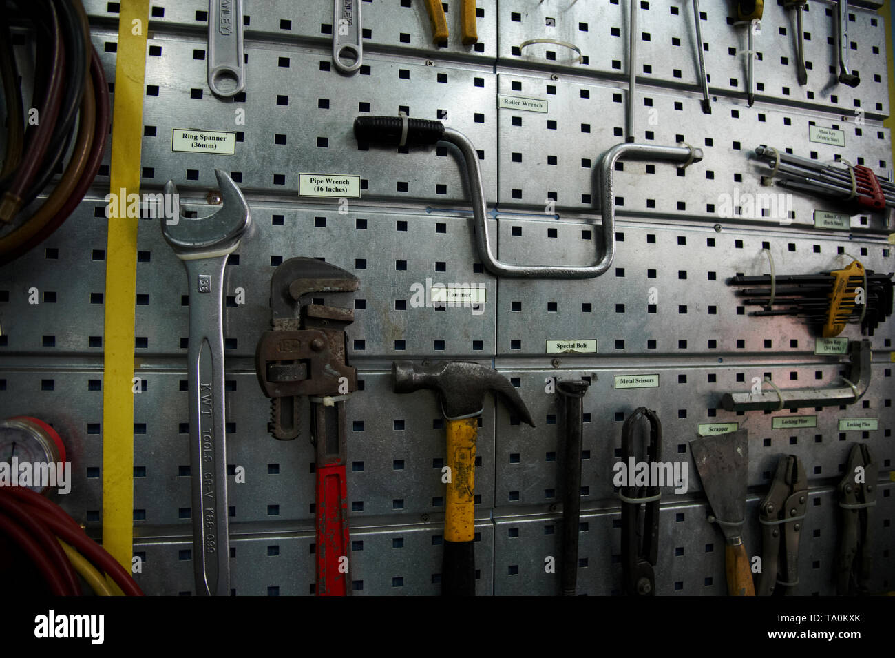 Workman DIY tools neatly displayed hanging on a wall in the garage ...