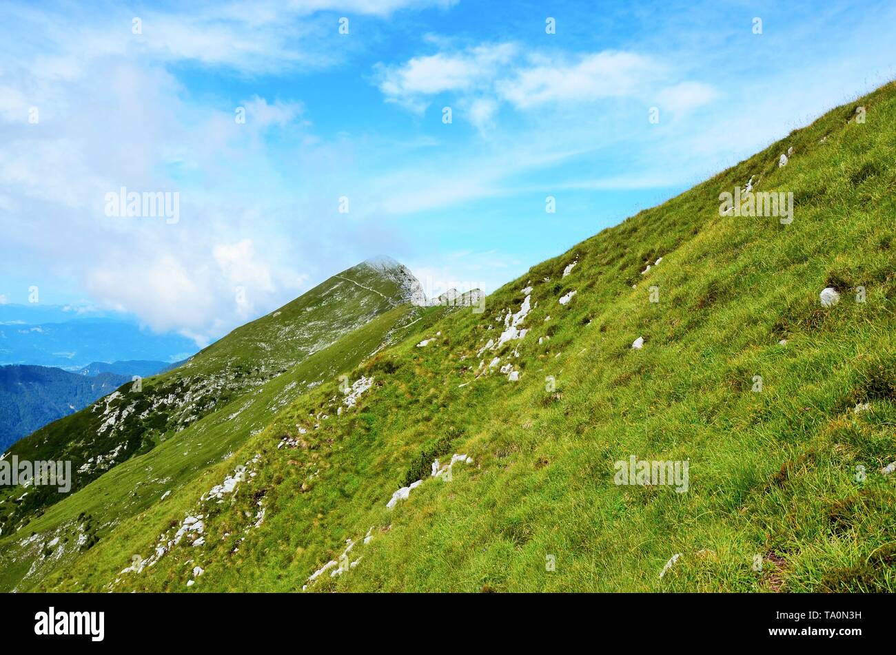 Beautiful grassy landscape with hills and mountains Stock Photo - Alamy