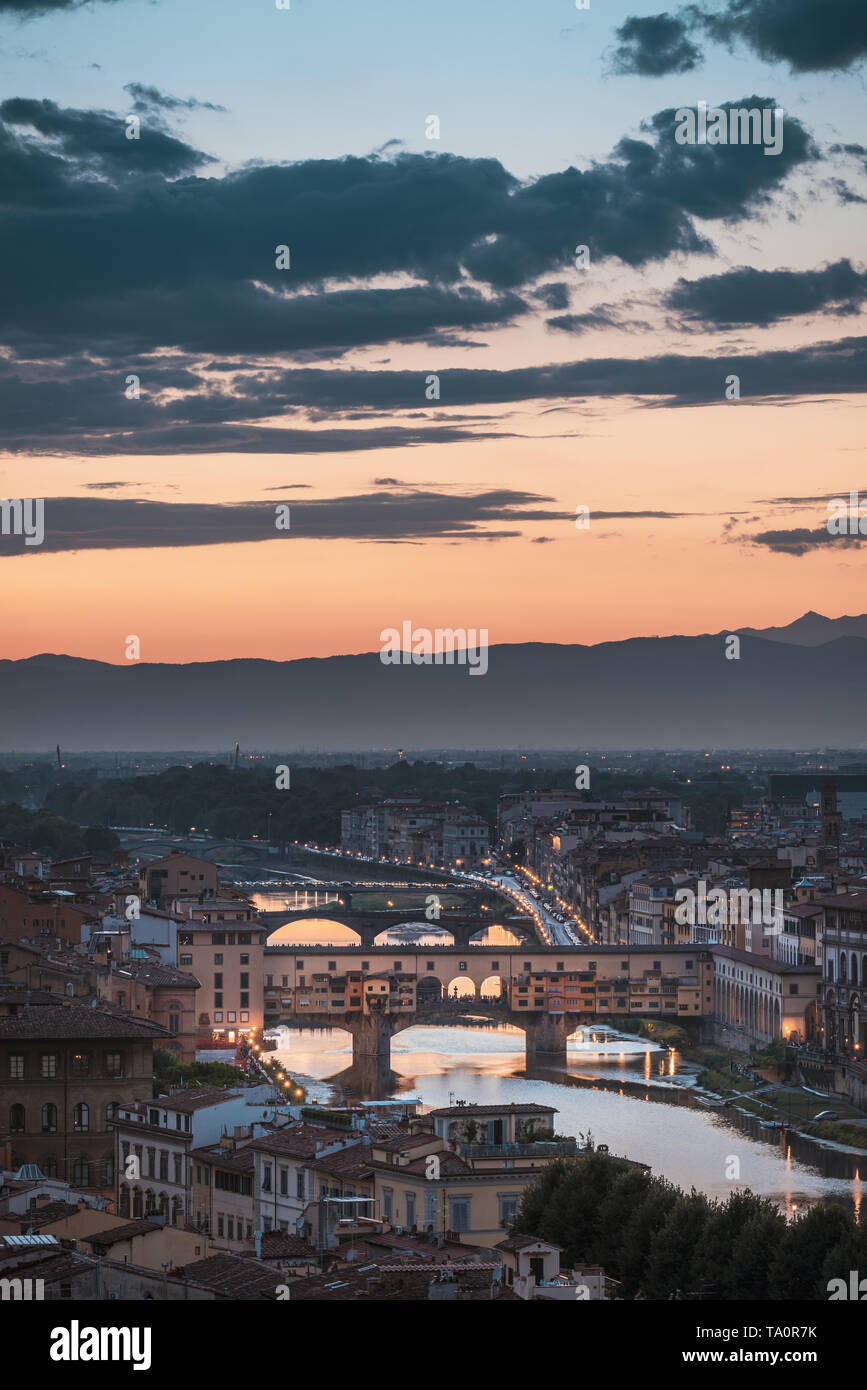 Panorama of Florence at sunset, Ponte Vecchio ("Old Florence Bridge ...