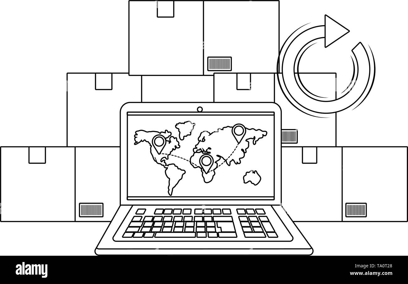 laptop with boxes and return arrow showing map and location pointers ...