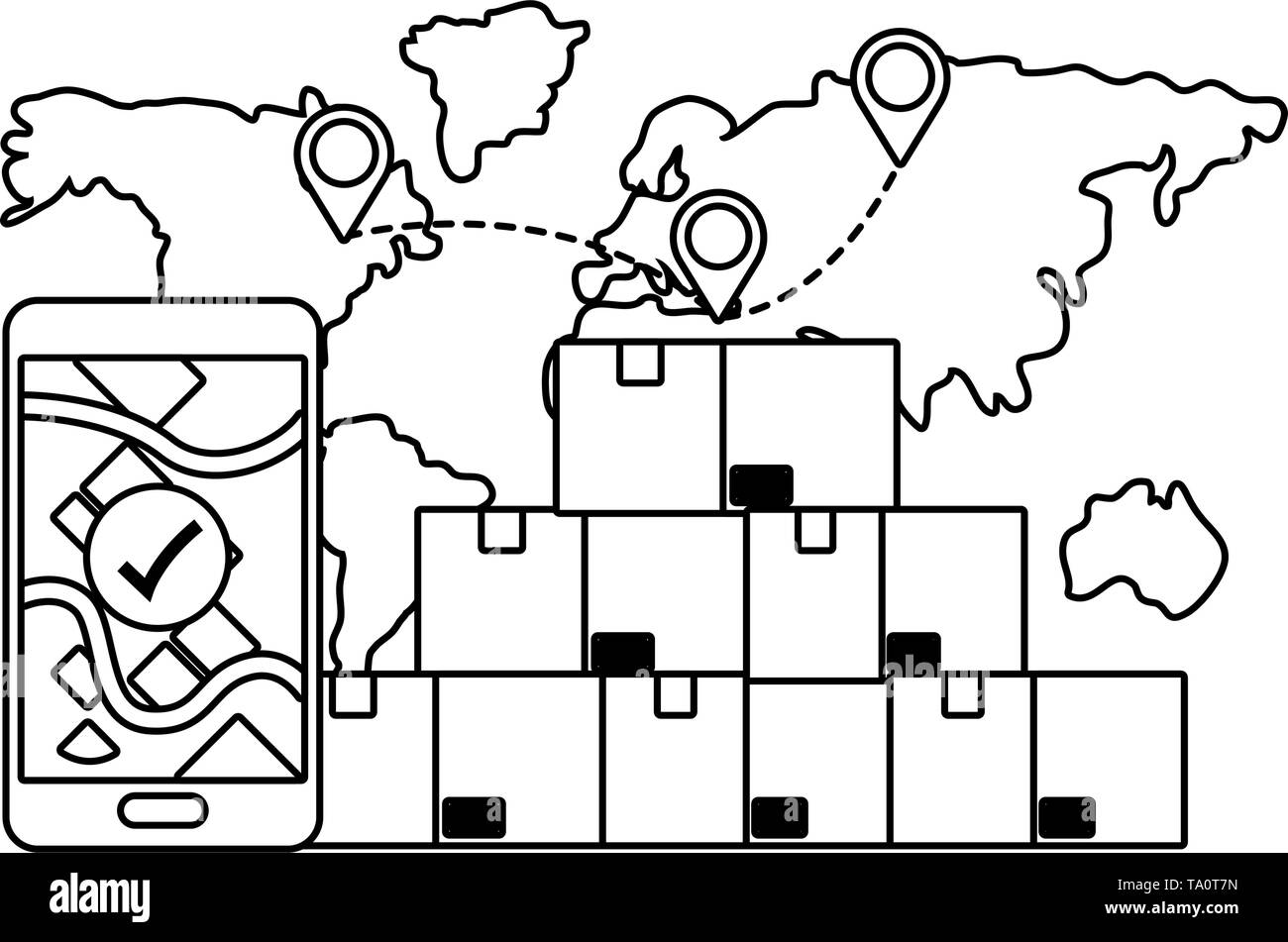 box with cellphone showing a map and a check and a map behind with ...