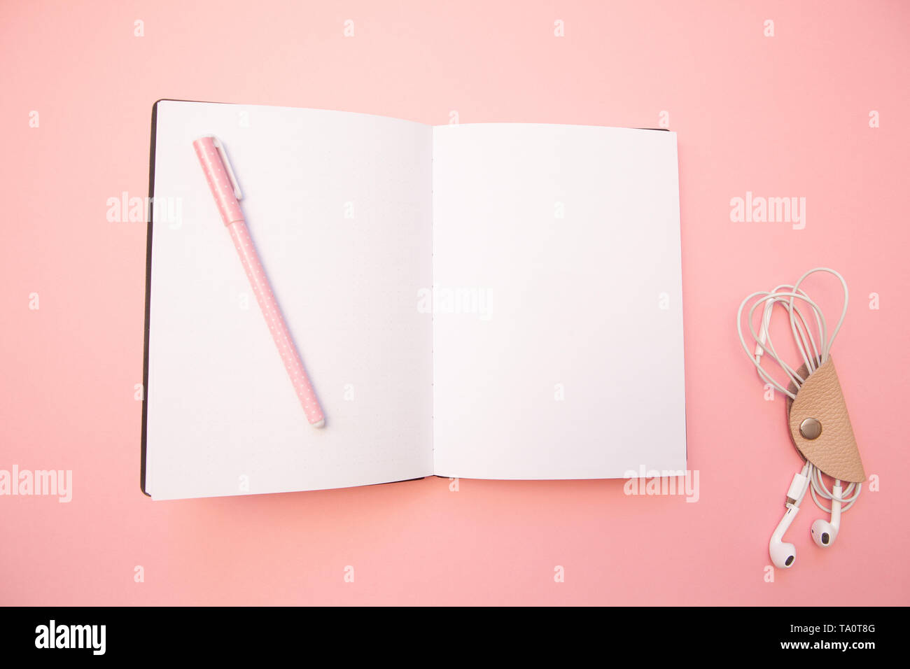 Opened empty diary with pink pen on pastel millennial pink paper ...