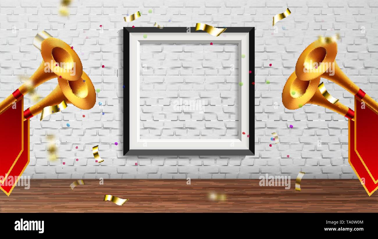 Enchanting Presentation In Exhibition Hall Vector. Golden Fanfare ...