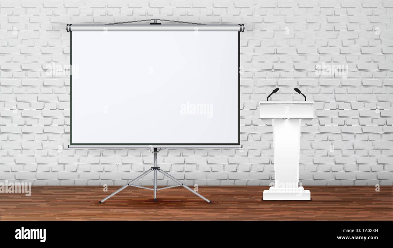 Interior Of Modern Boardroom For Lecture Vector. White Tribune With ...
