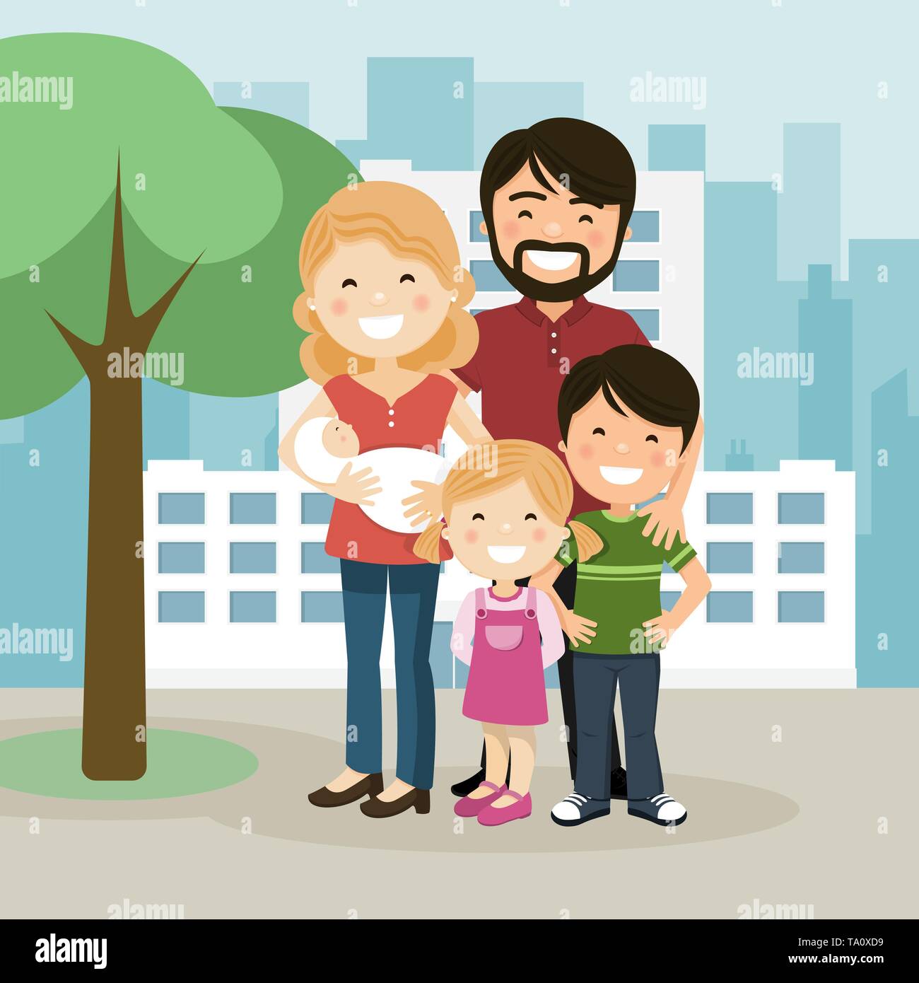 Happy family with parents, children and babyborn in a garden. Vector ...