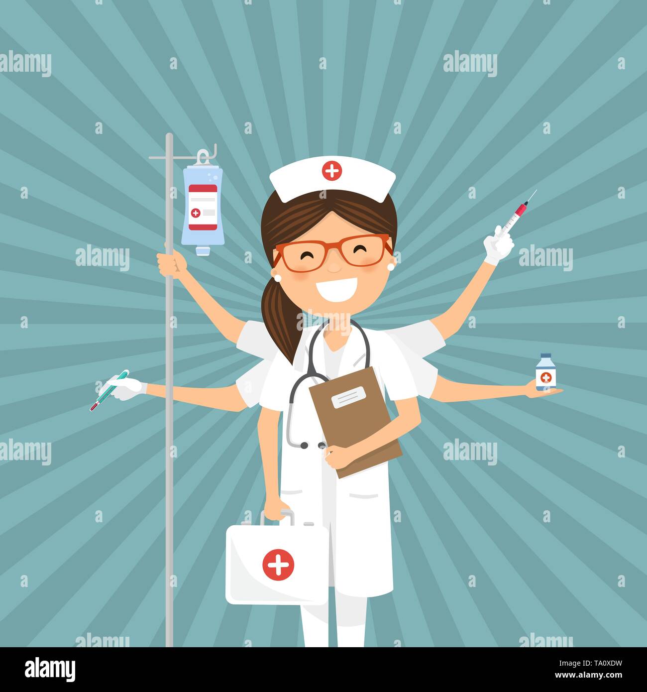 Nurse multitasking on a retro background. Medicine vector illustration ...