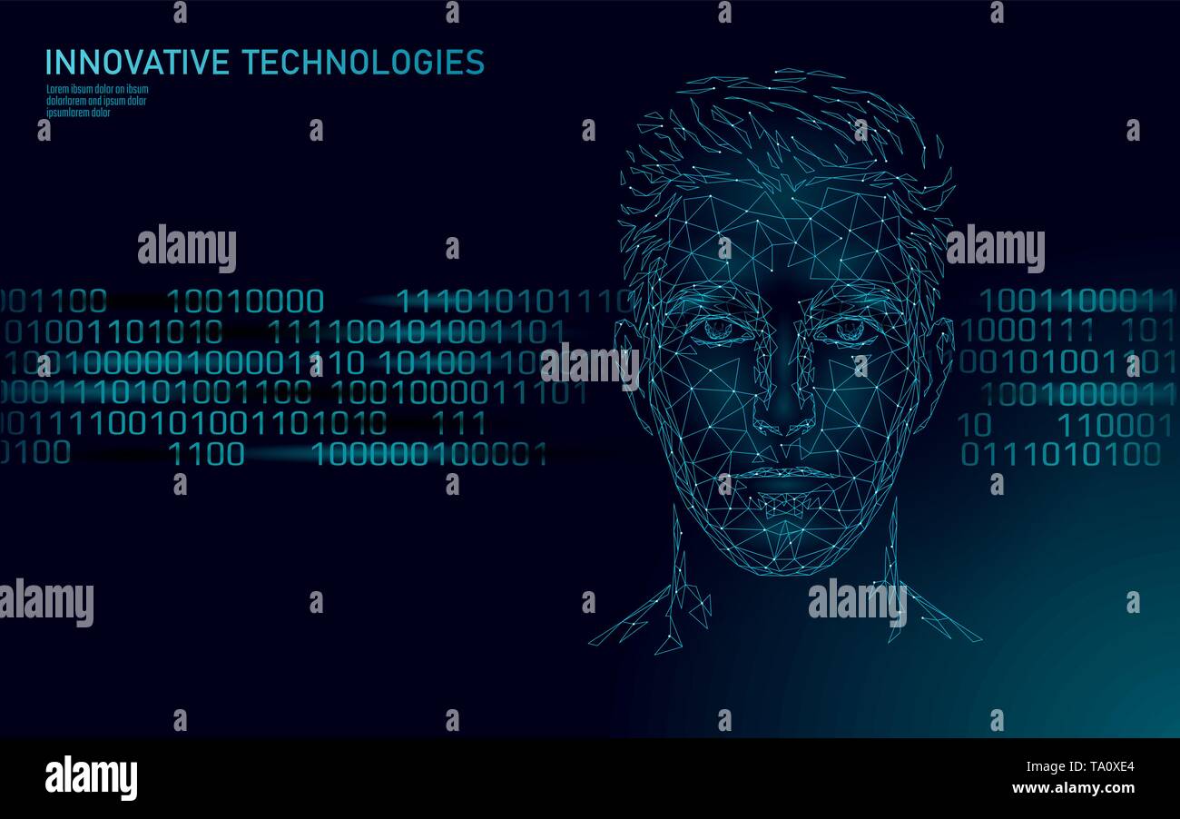 Low poly male human face biometric identification. AI artificial intelligence assistant system ...