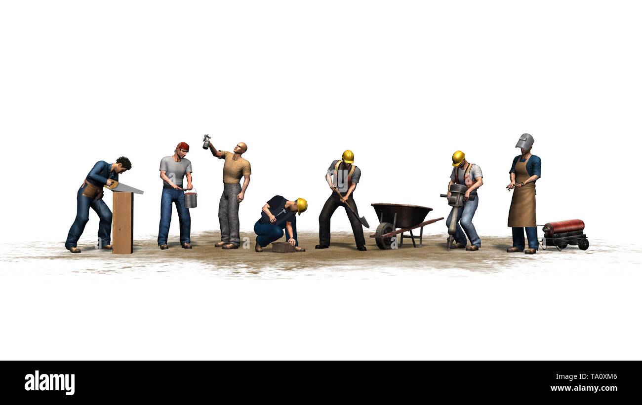 different workers with their tools - isolated on white background Stock ...