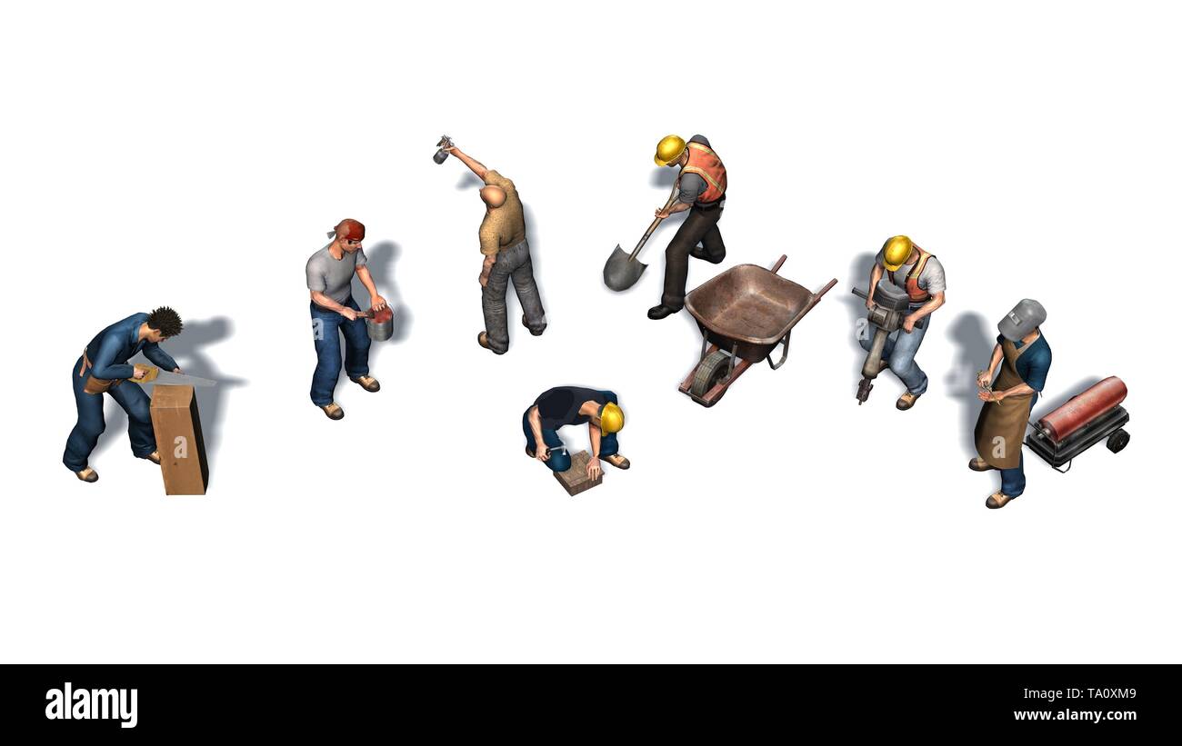 different workers with their tools - isolated on white background Stock ...