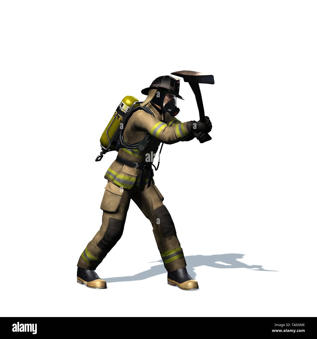 Firefighter breaks door with ax -isolated on white background - 3D ...