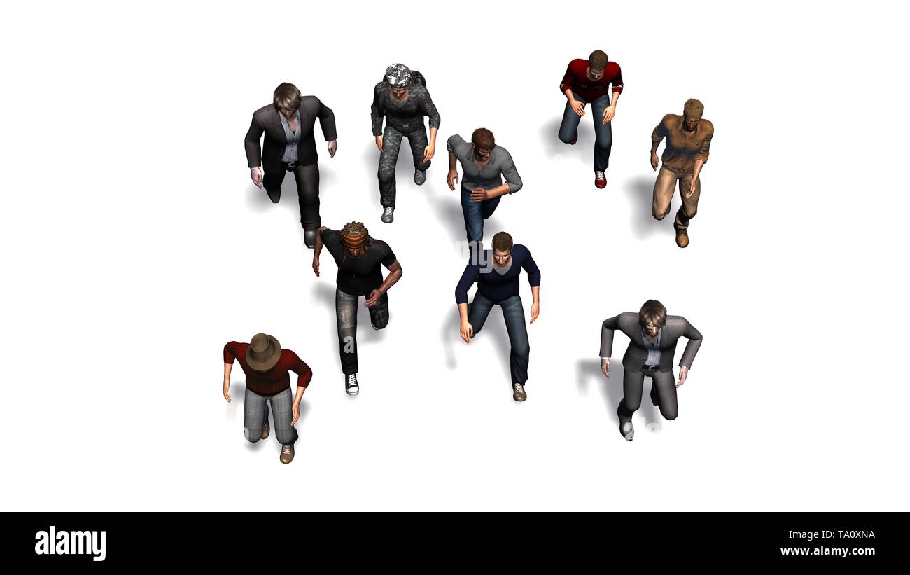 Group of men running - top view - 3D illustration Stock Photo - Alamy