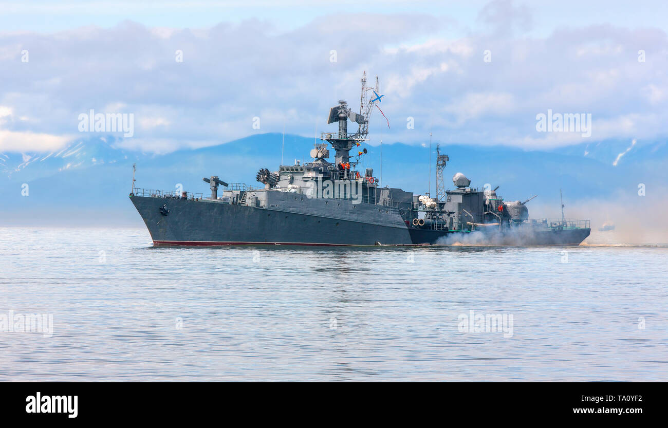 Russian warship going along the coast of Pacific ocean Stock Photo - Alamy