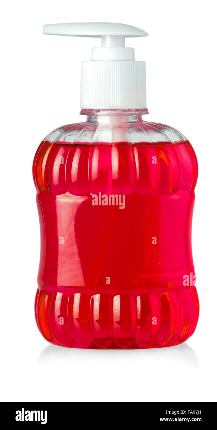 Red bottle with liquid soap and dispenser isolated on white background ...