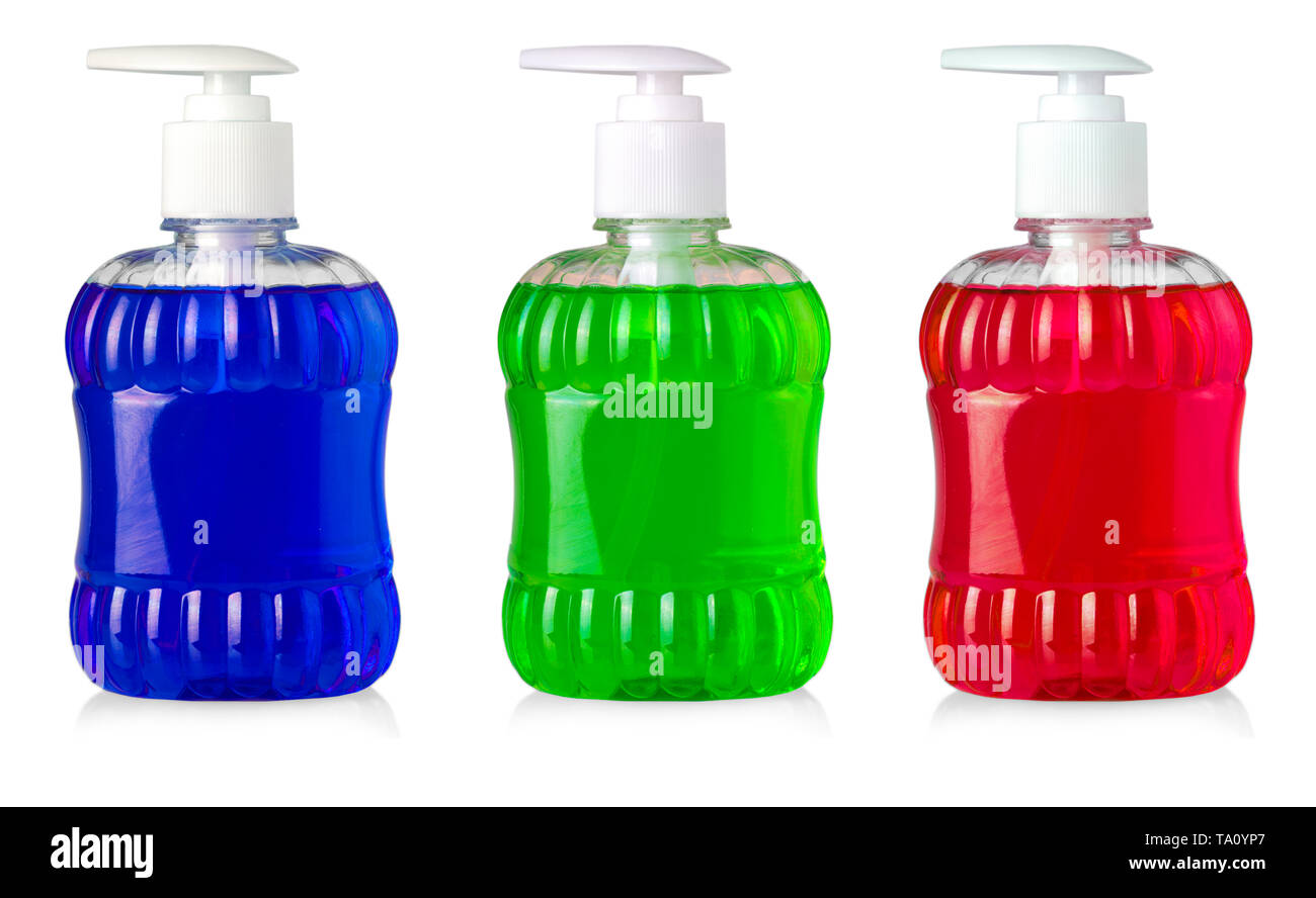 Set of bottles with liquid soap and dispenser isolated on white ...