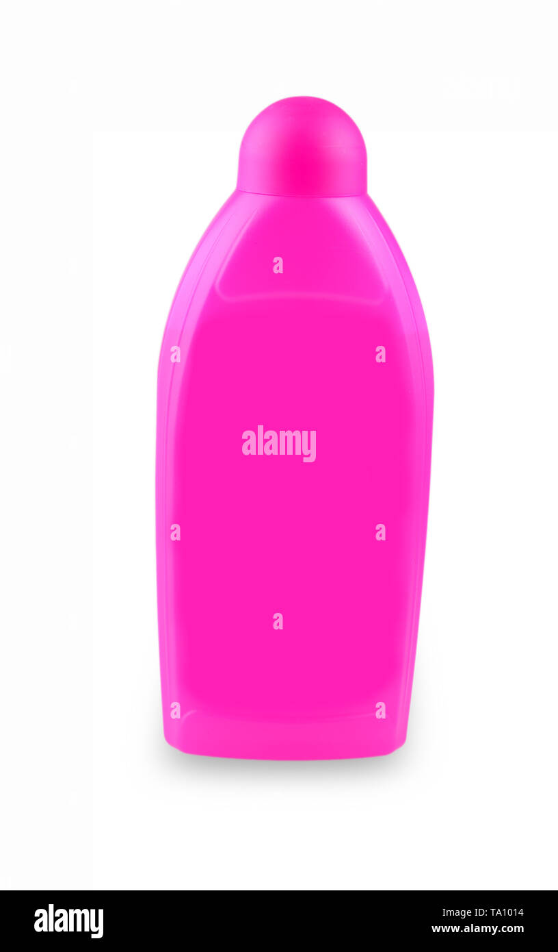 Pink plastic bottle with household chemicals on a white background ...