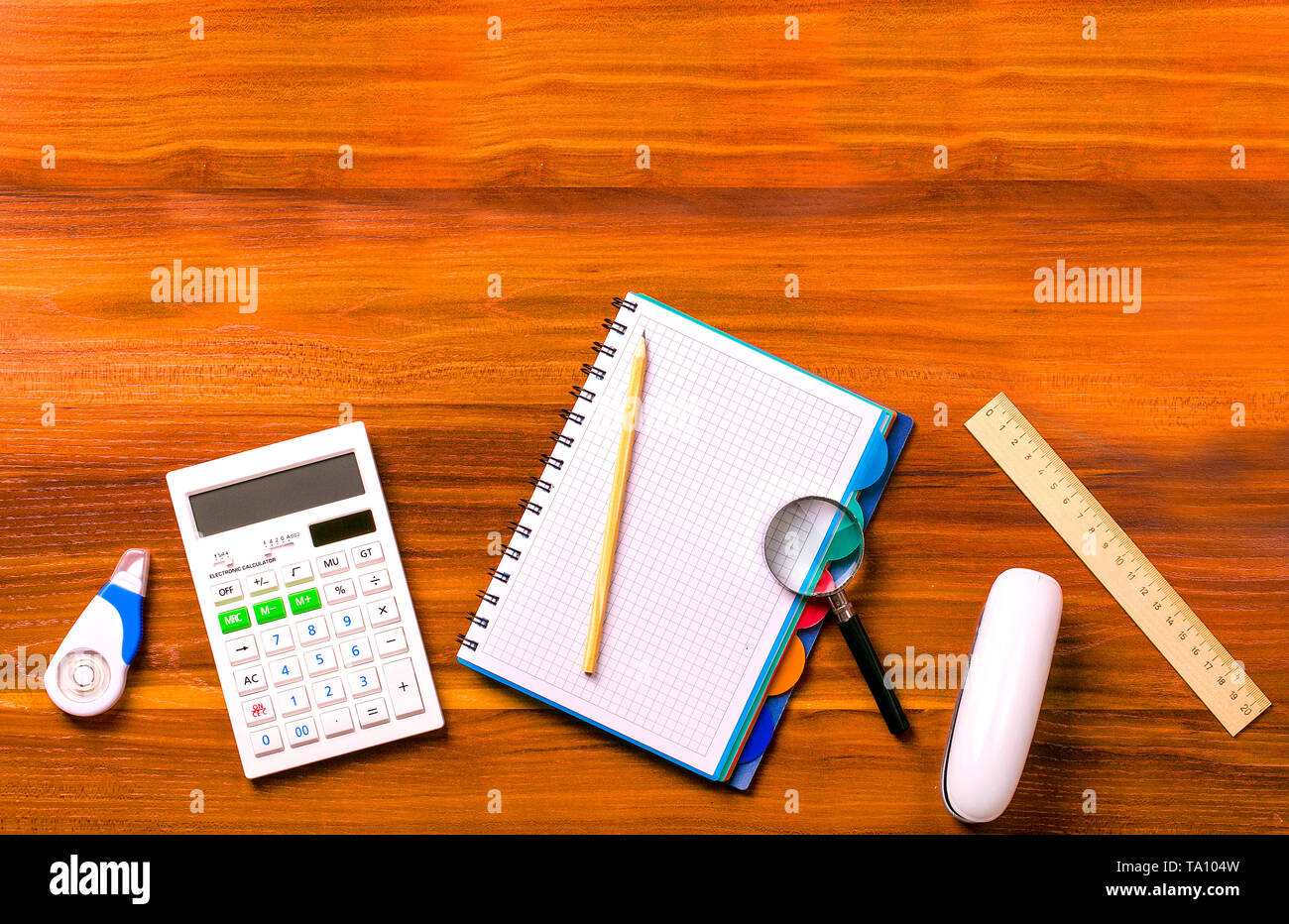 Workspace engineer. Calculator, notebook with a spring, ruler ...