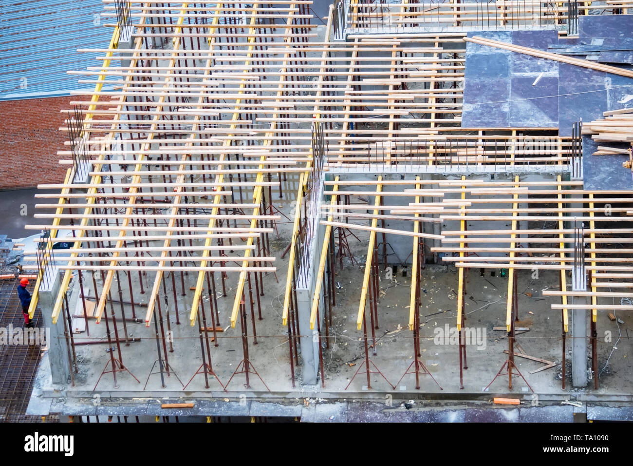 View of timbering and reinforcenent at a construction site of ...
