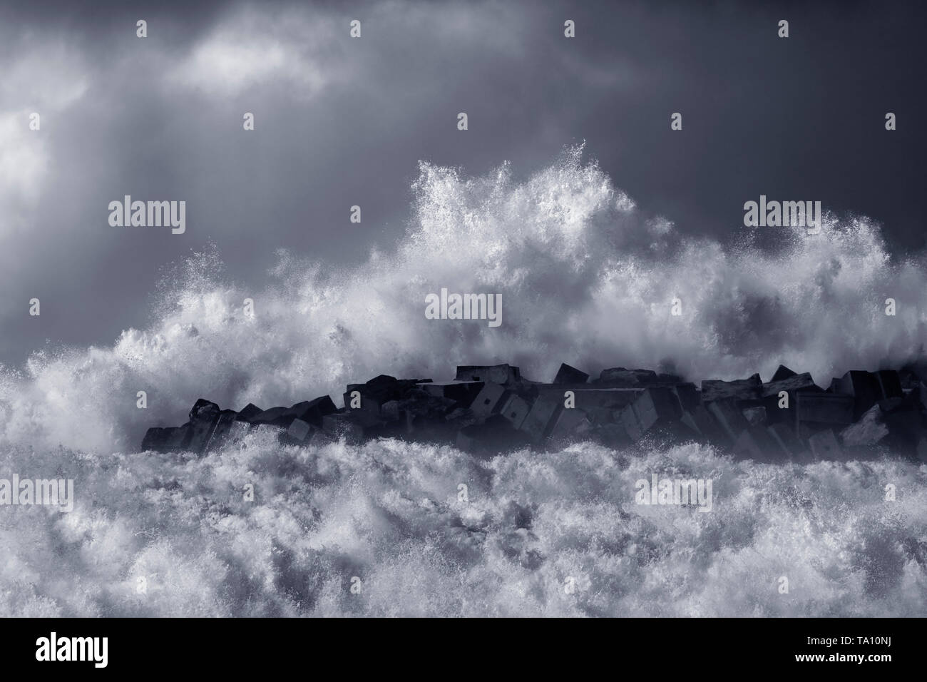Big stormy wave splash. Northern portuguese coast. Black and white ...