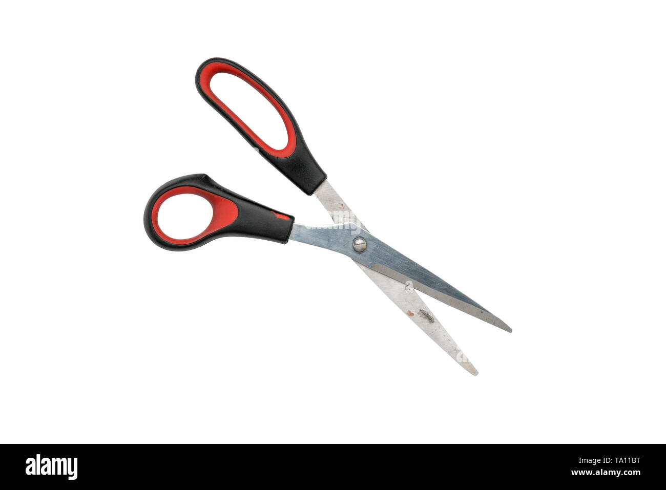 old used black and red scissors, isolated on white Stock Photo - Alamy