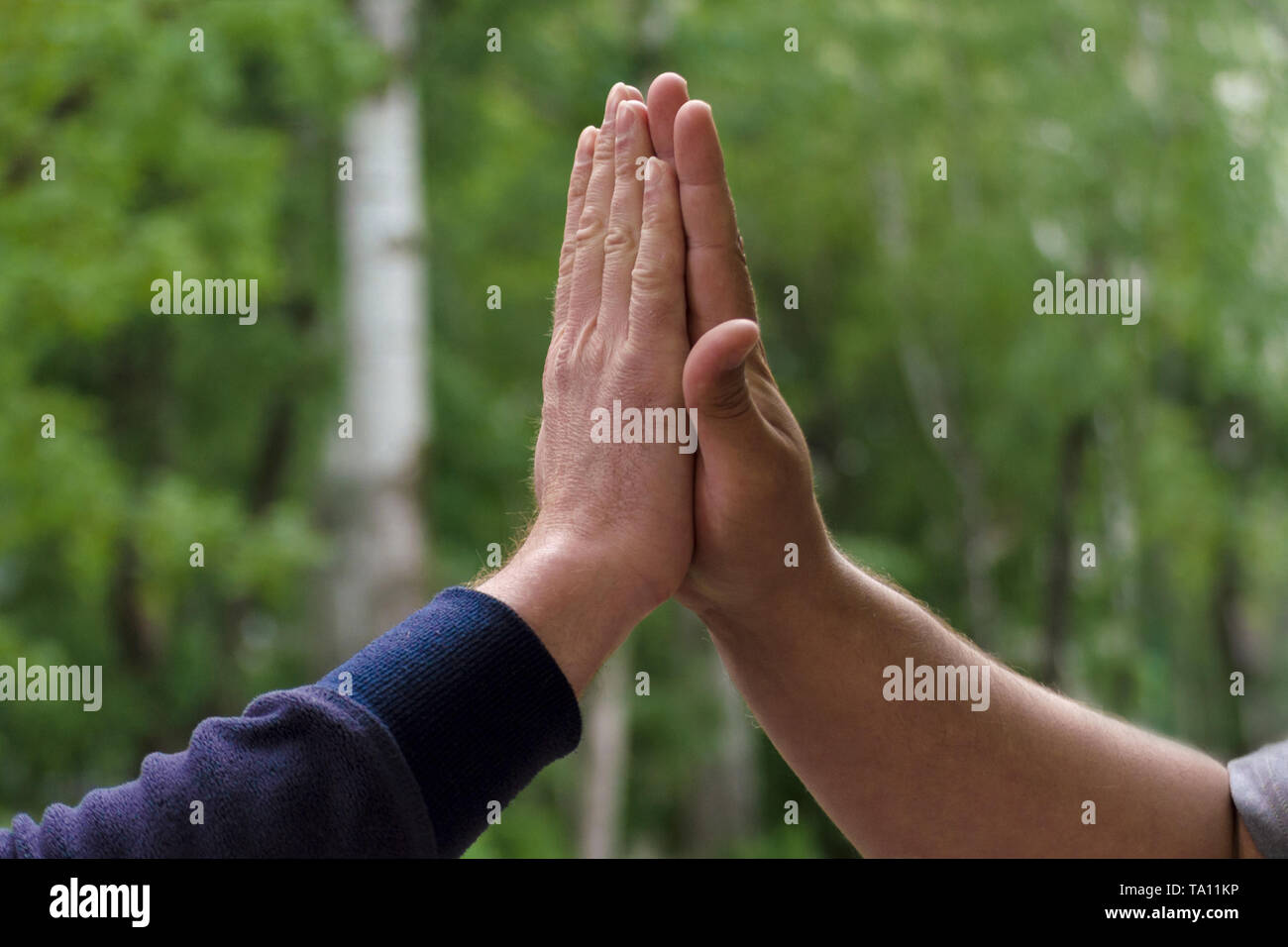 Two men high five meeting greeting. Concept of happy and successful ...