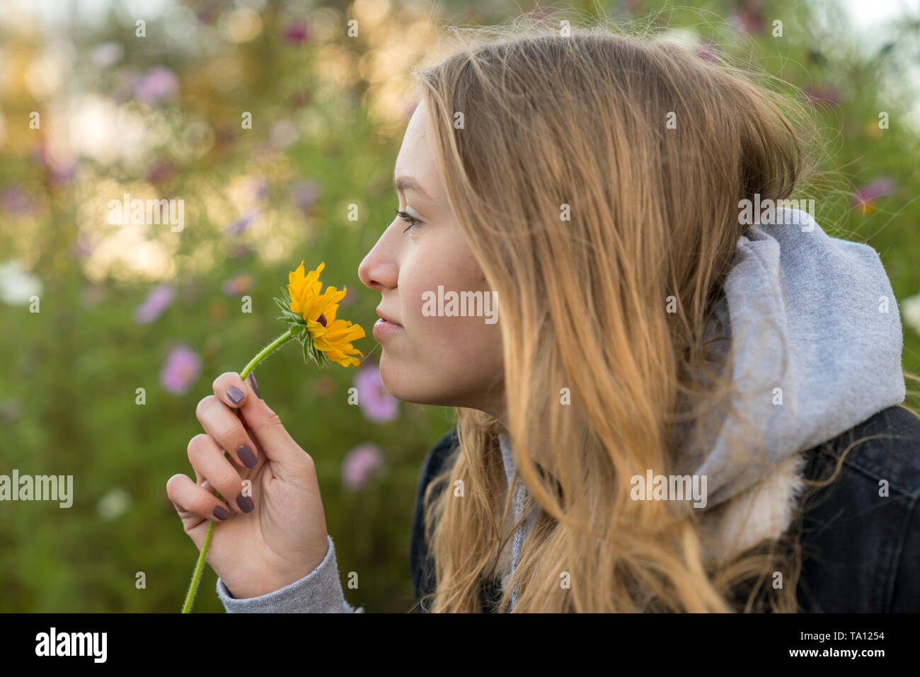 The portrait of a young woman smelling a flower Stock Photo - Alamy