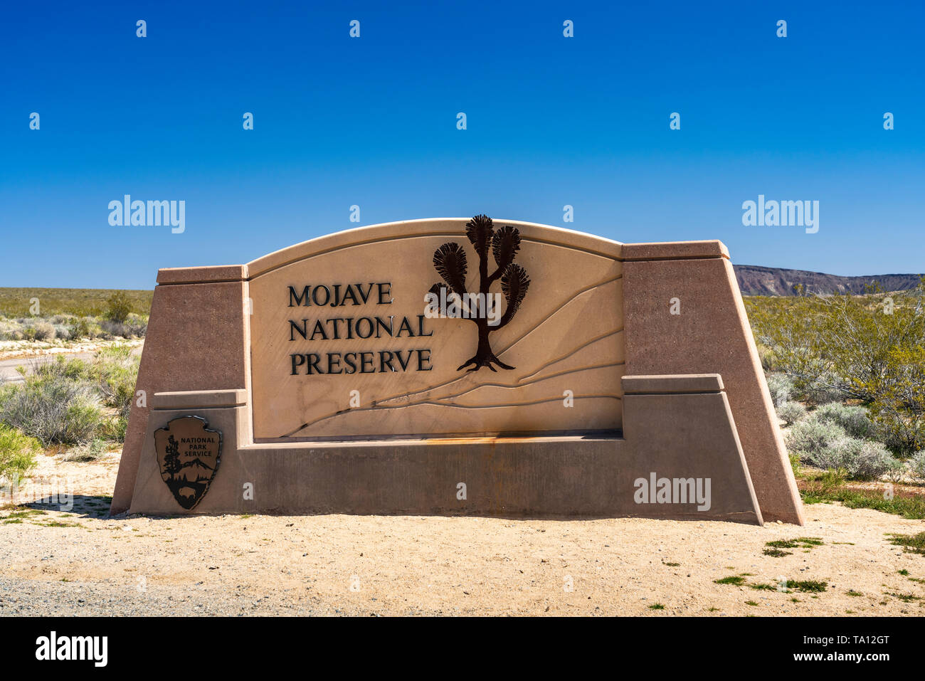 The Mojave National Preserve sign in the Mojave Desert, California, USA ...