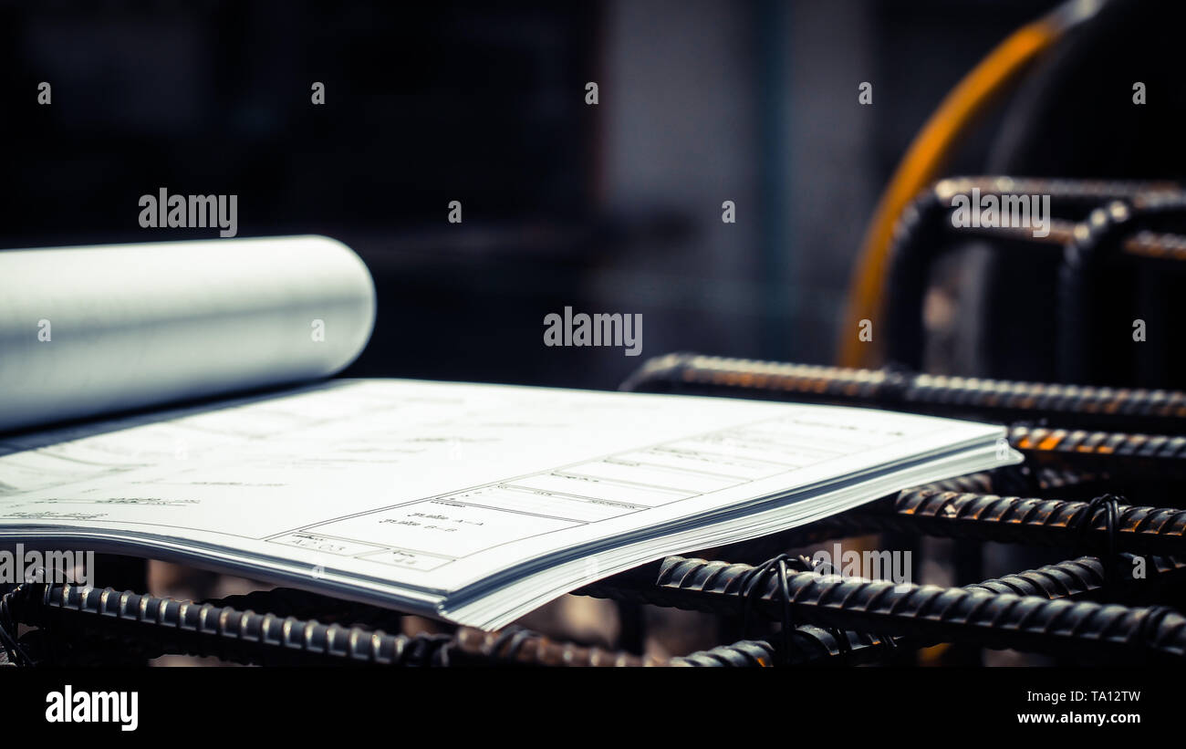 Construction drawing selective focus on dowel bar at construction site ...