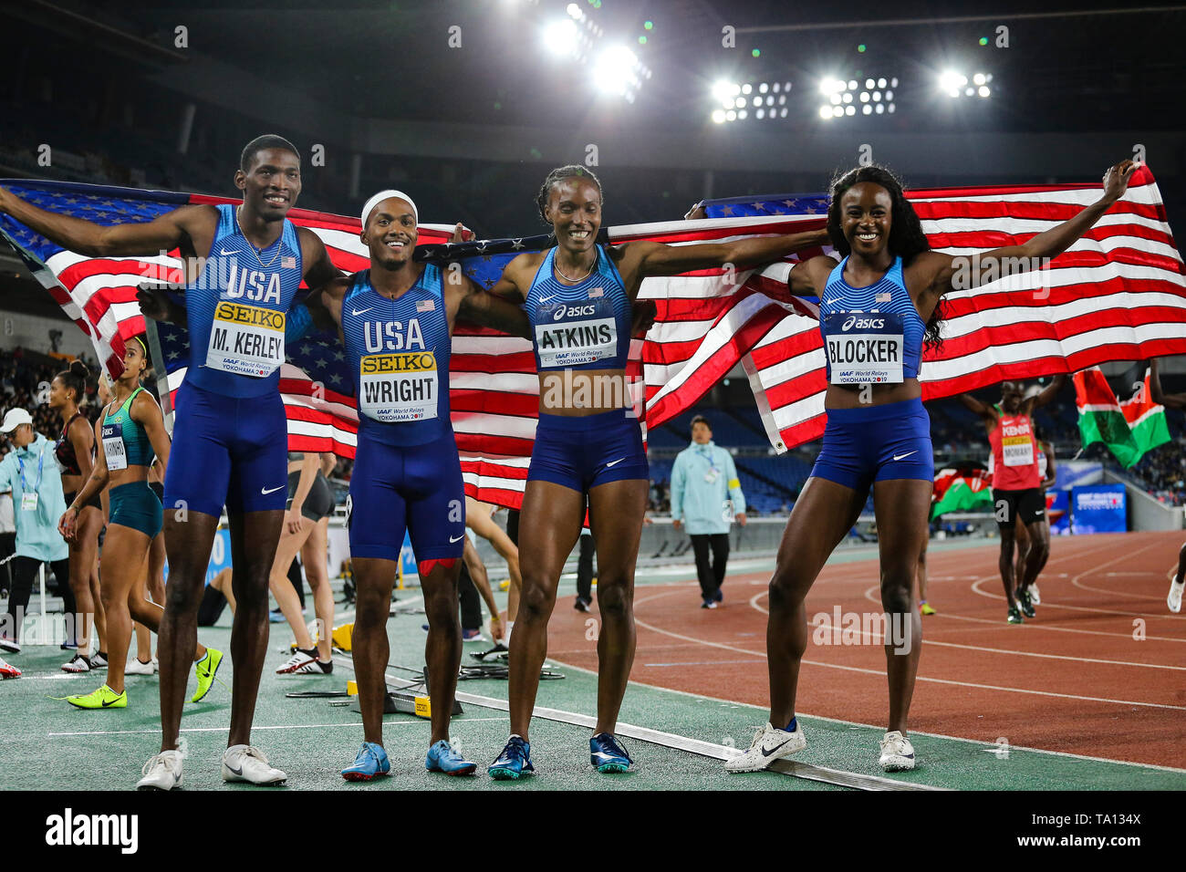 YOKOHAMA, JAPAN - MAY 12: My'Lik Kerley and Dontavius Wright celebrate ...