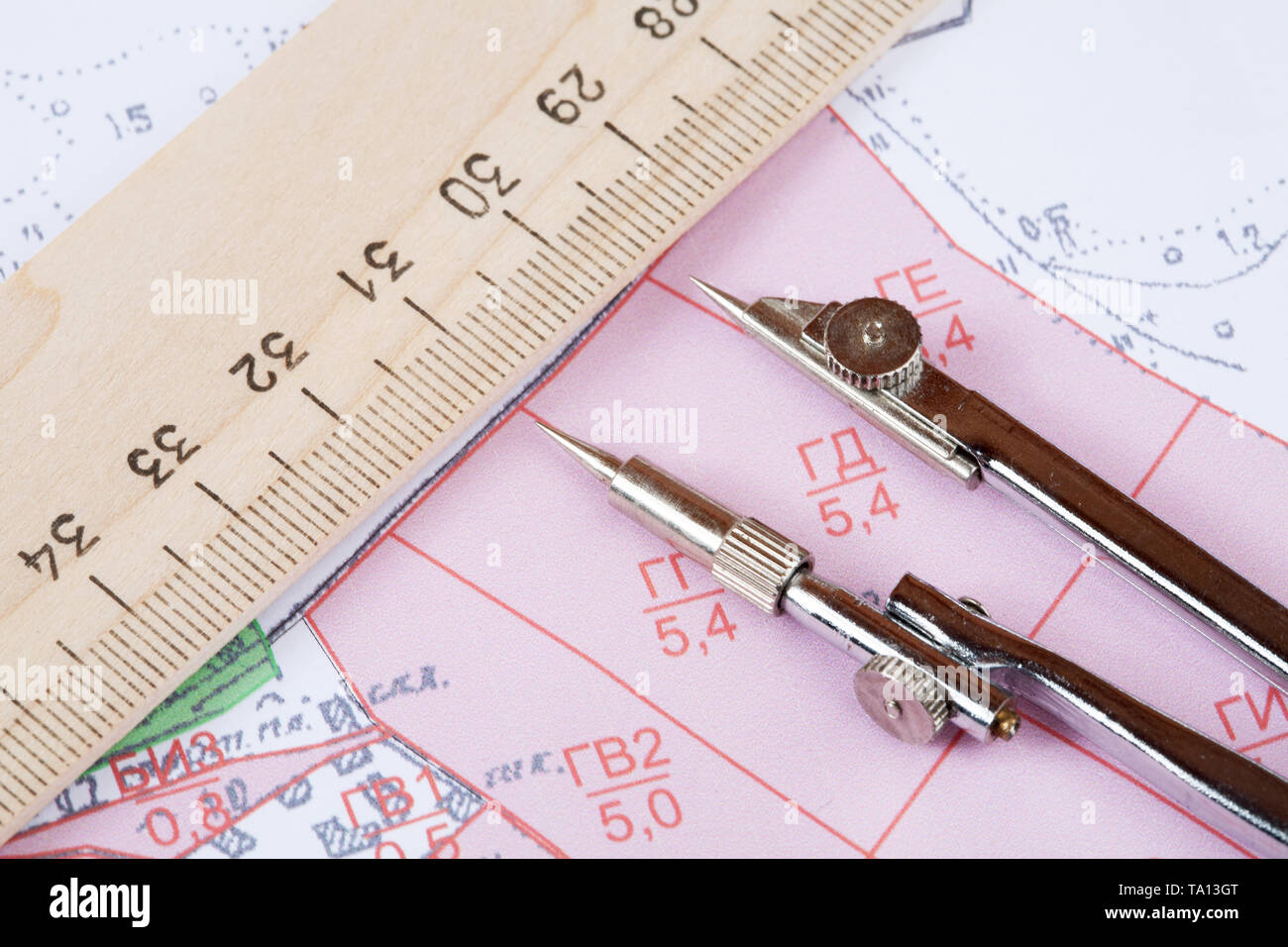Topographic map of district with measuring instrument and ruler Stock ...