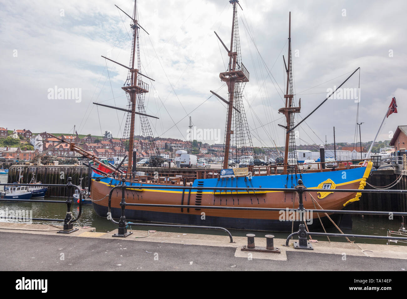 The HMS Endeavour replica ship in the harbour at Whitby,North Yorkshire ...