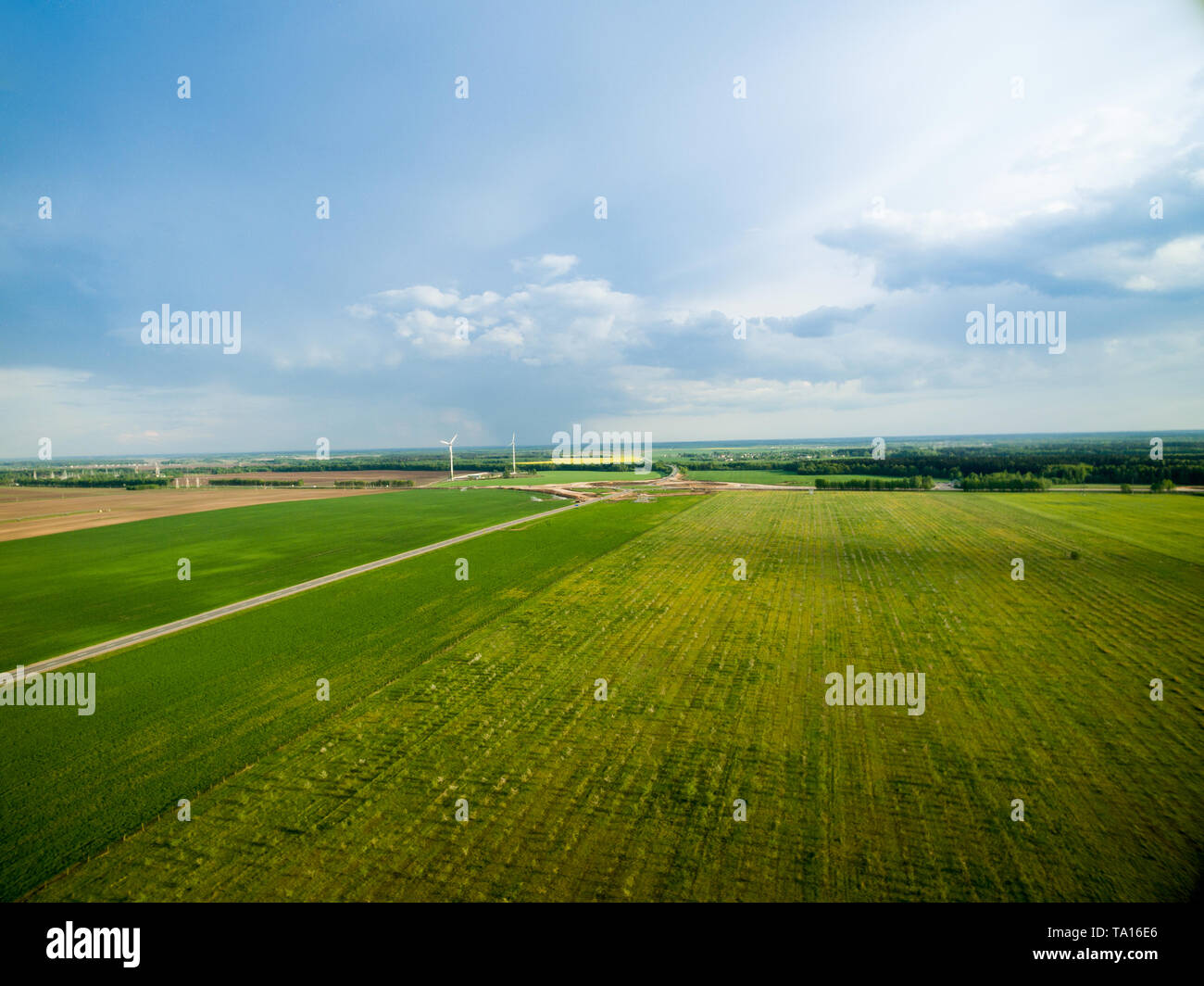 Nature wind stations. Windmills on a beautiful spring day bird's-eye ...