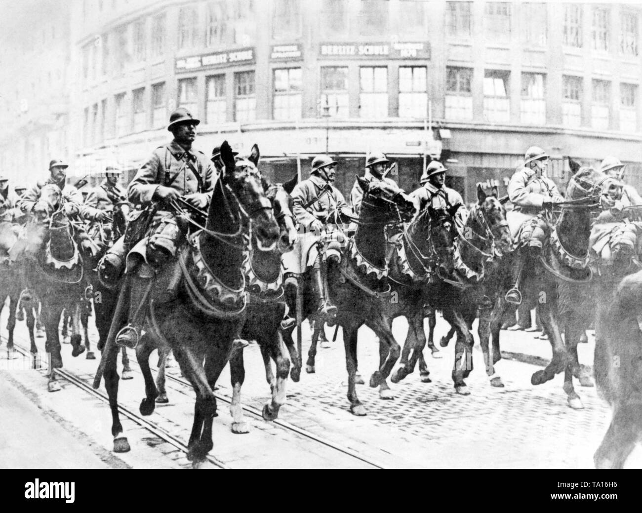 French cavalry units march in Essen as part of the occupation army ...