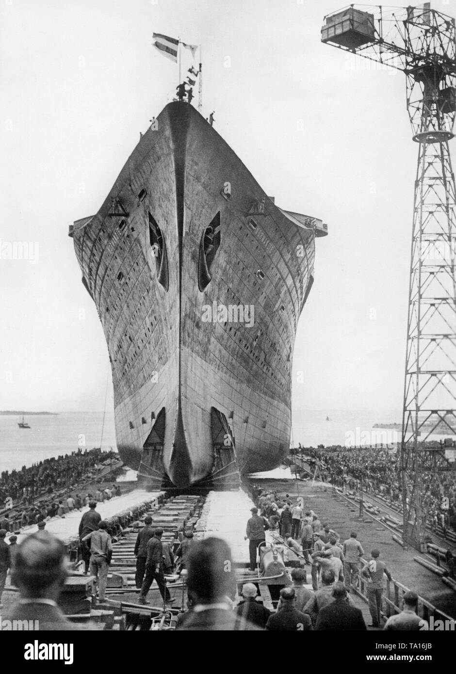 The French ocean liner "Normandie" is launched at the Chantiers de l ...