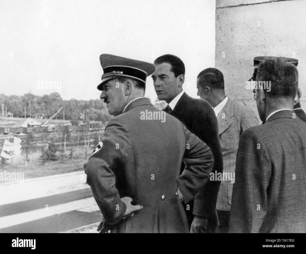 Adolf Hitler (left) and Albert Speer (right next to him) inspect the ...