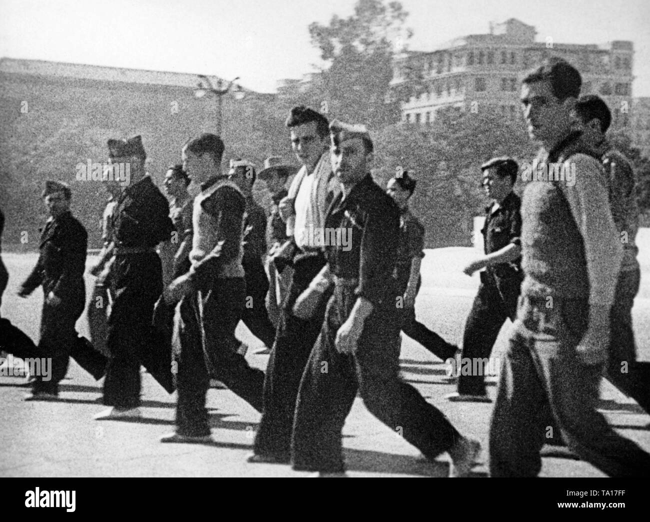 Photo of young Republican recruits on a square of Madrid three months ...