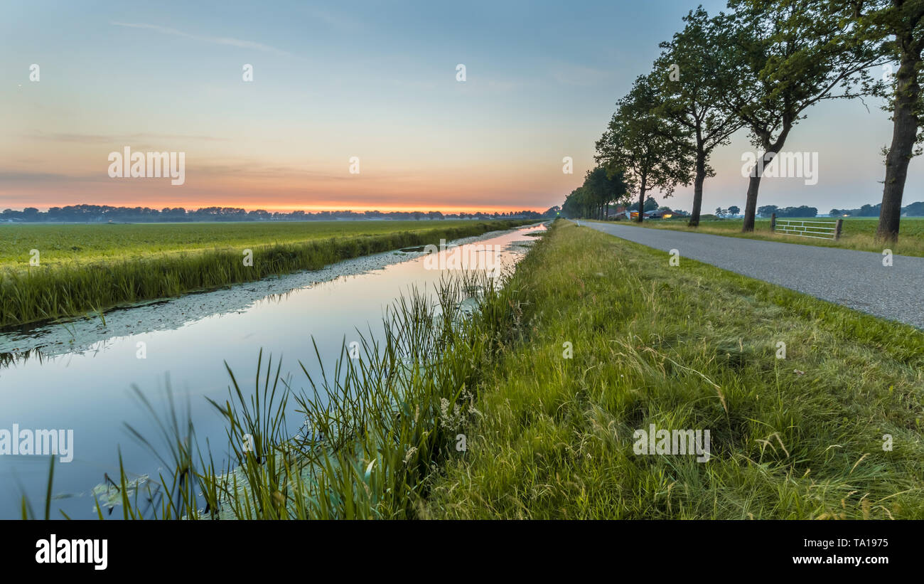 Netherlands open polder landscape with canal and road in open grassland ...