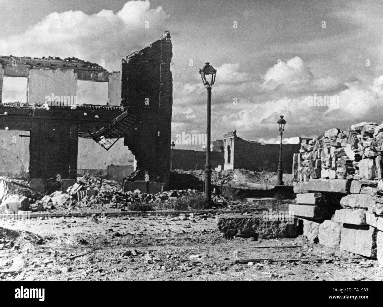 Photo of destroyed buildings in a suburb west of Madrid during the ...