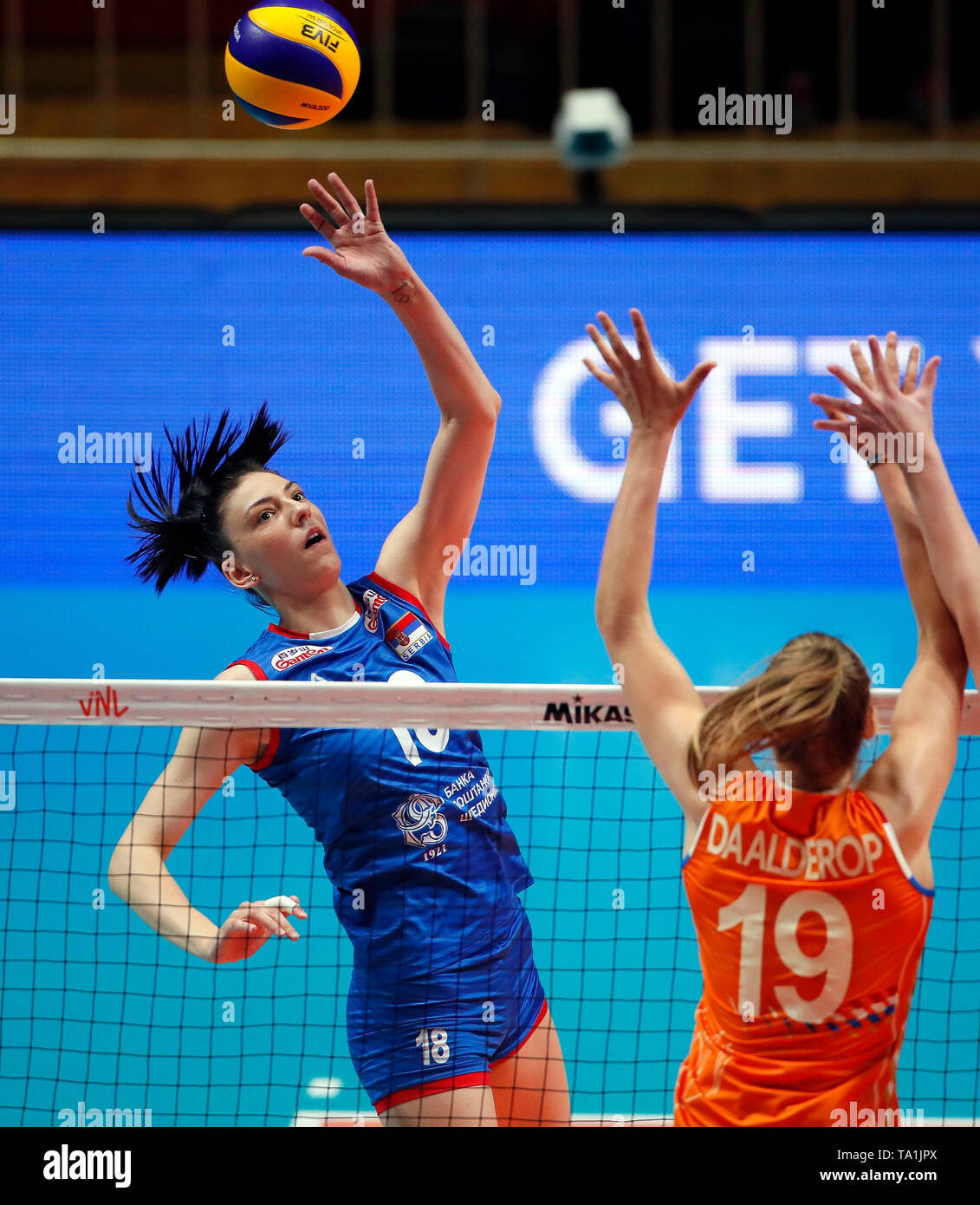 Belgrade, Serbia. 21st May, 2019. Serbia's Tijana Boskovic (L) spikes ...