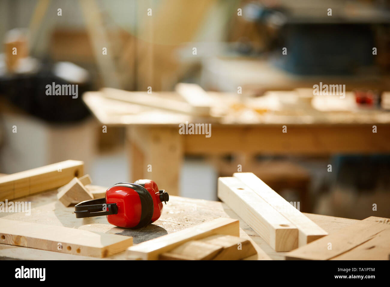 Background image of carpenters workplace with tools and sawdust on ...