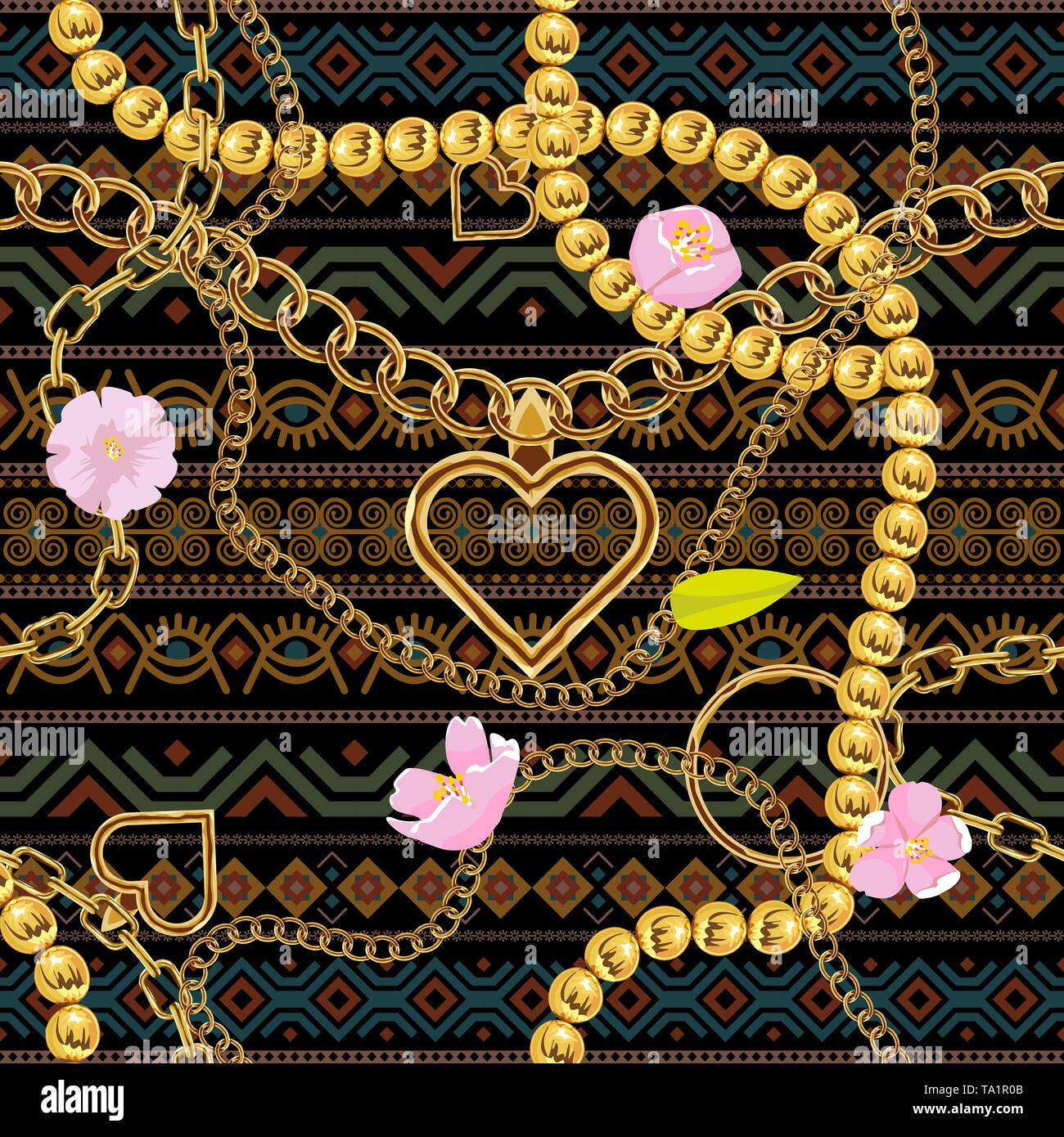 Cute chain texture seamless with african ornaments. Flat and solid ...