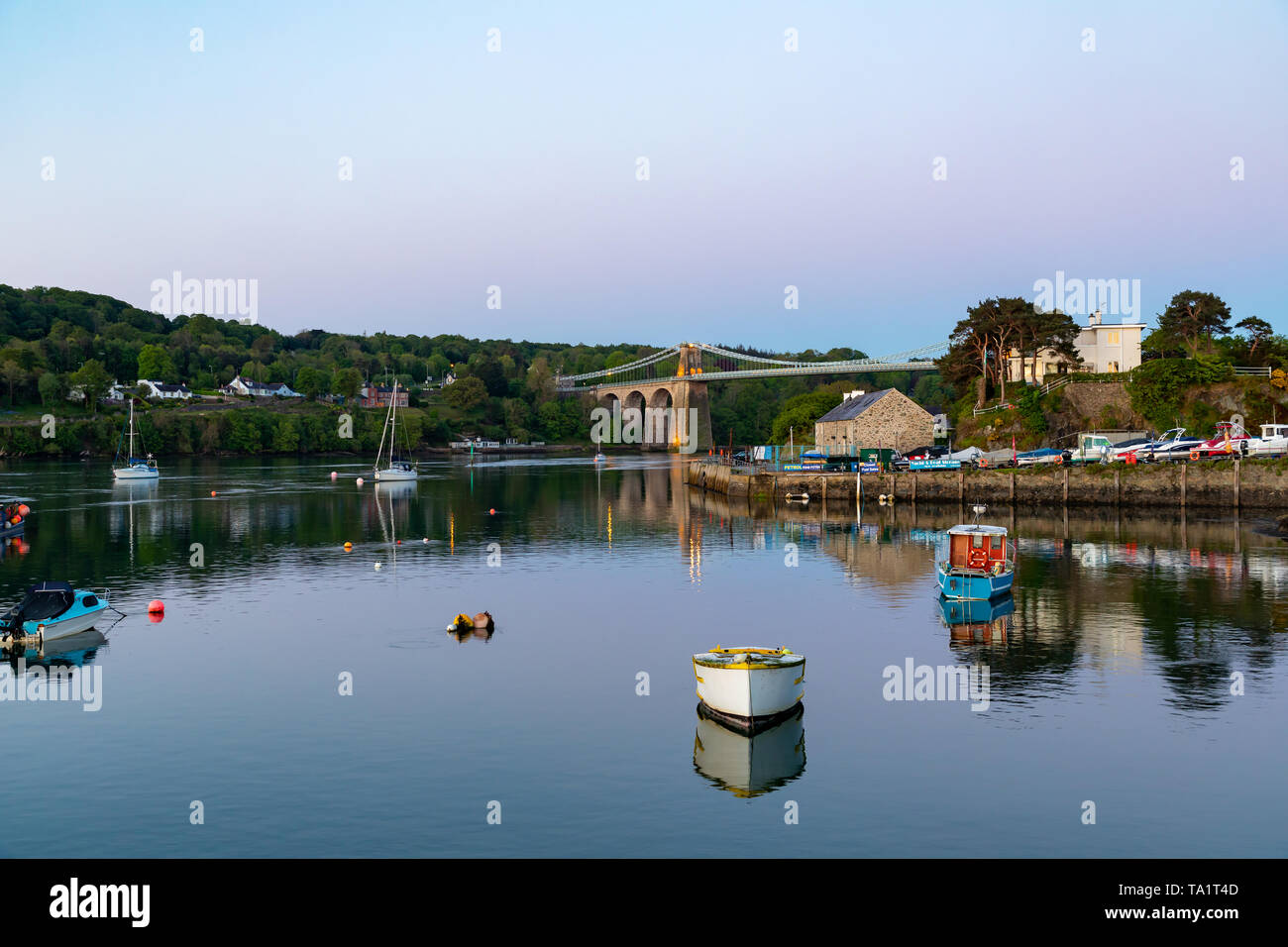Menai Bridge Anglesey Wales May 12, 2019 Dawn in the town of Menai ...