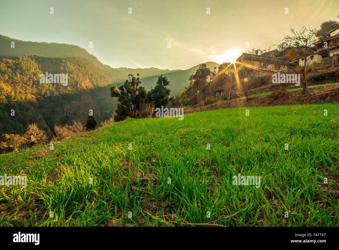 Beautiful landscape with high mountains with illuminated peaks, Amazing ...